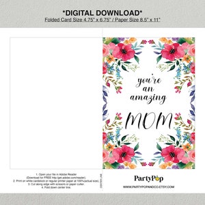 Watercolor Floral Mothers Day Card, Amazing Mom (PDF, 5x7) - Etsy