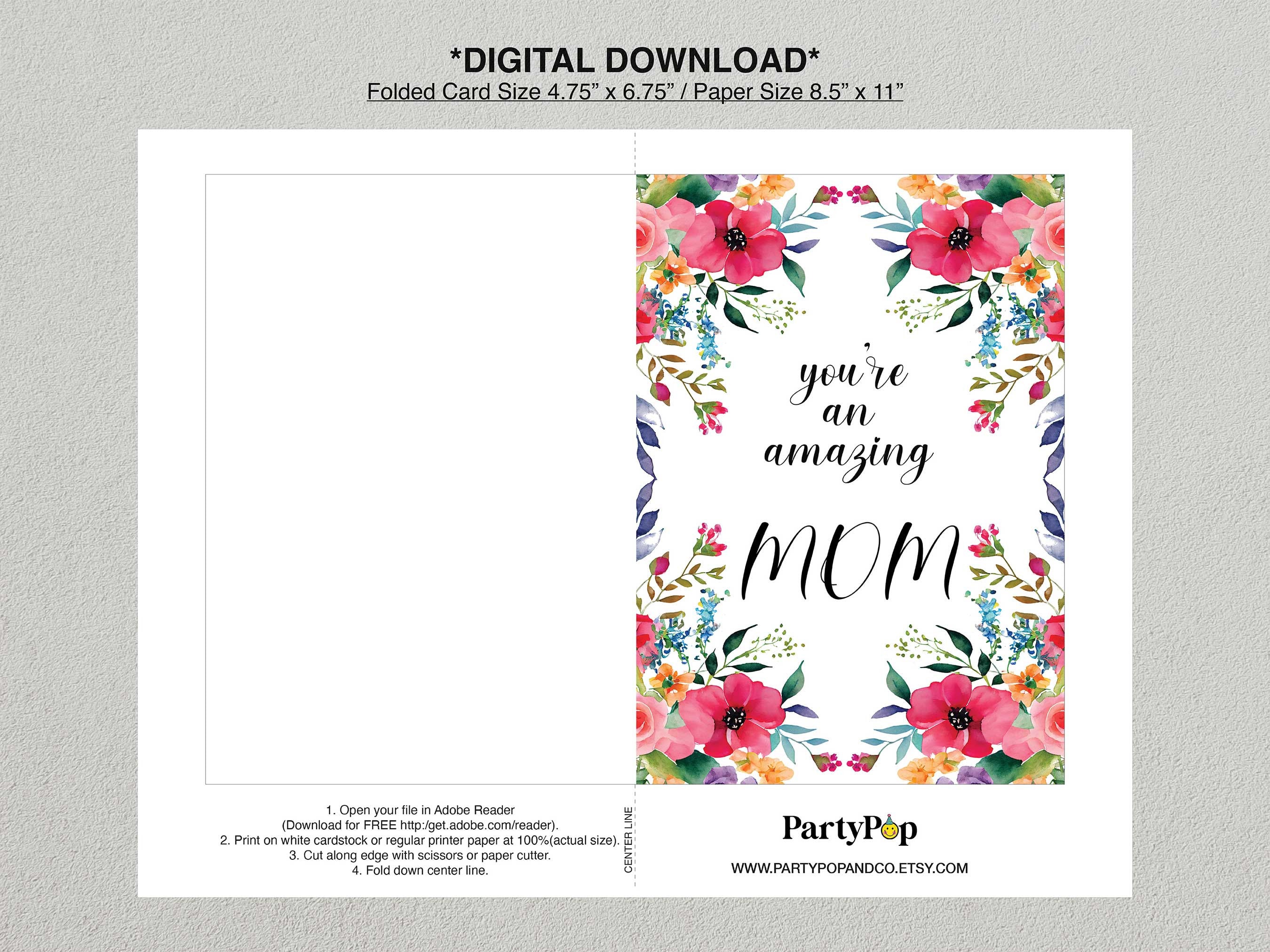 Printable Mothers Day Card, You're an Amazing Mom Card, Floral ...