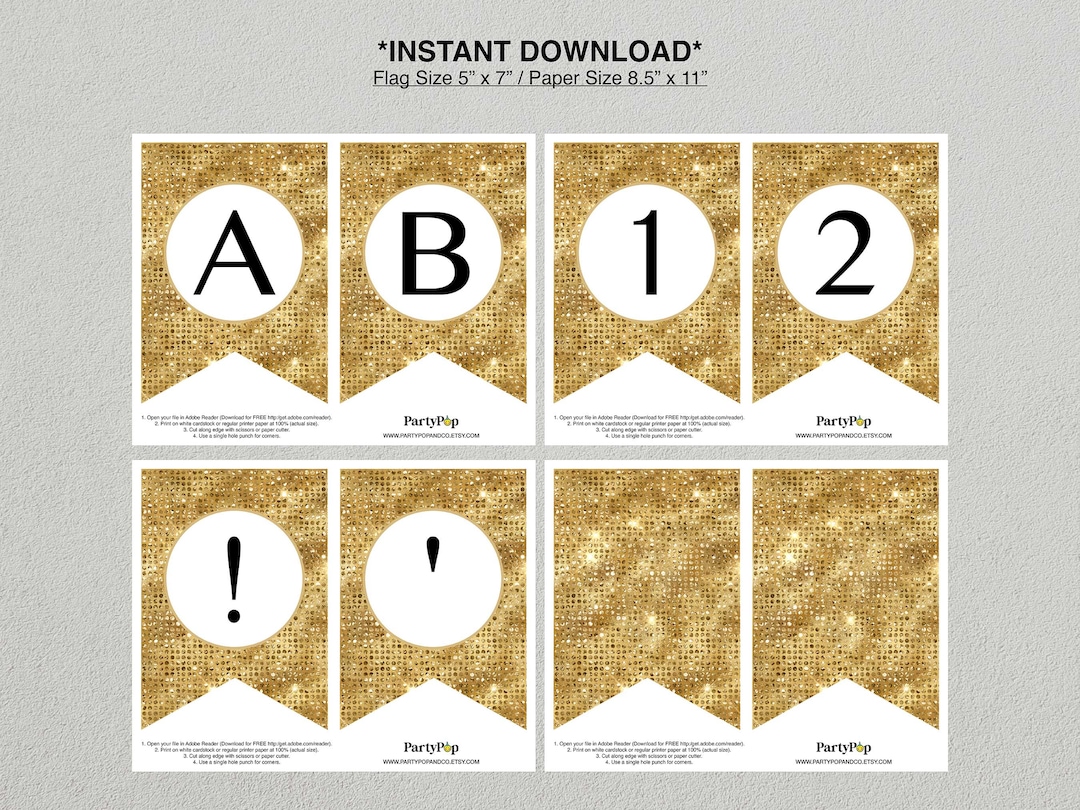 Gold Glitter Alphabet Banner, Printable DIY Banner, A-Z & Numbers ...