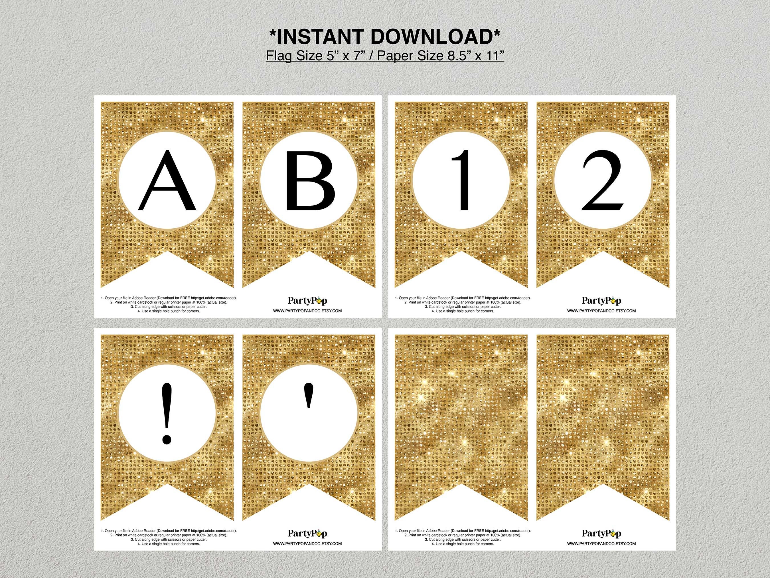 Gold Glitter Alphabet Banner, Printable DIY Banner, A-Z & Numbers ...