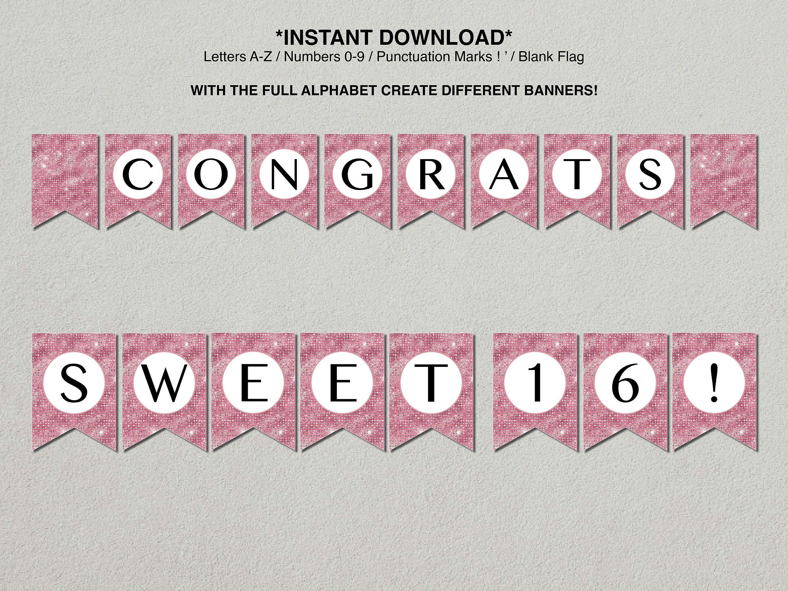 Pink Glitter Alphabet Banner, Printable DIY Banner, A-Z and Numbers ...