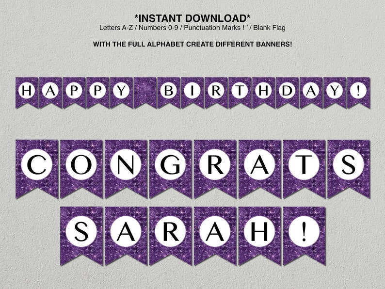 Purple Glitter Alphabet Banner, Printable DIY Banner, A-z&numbers ...