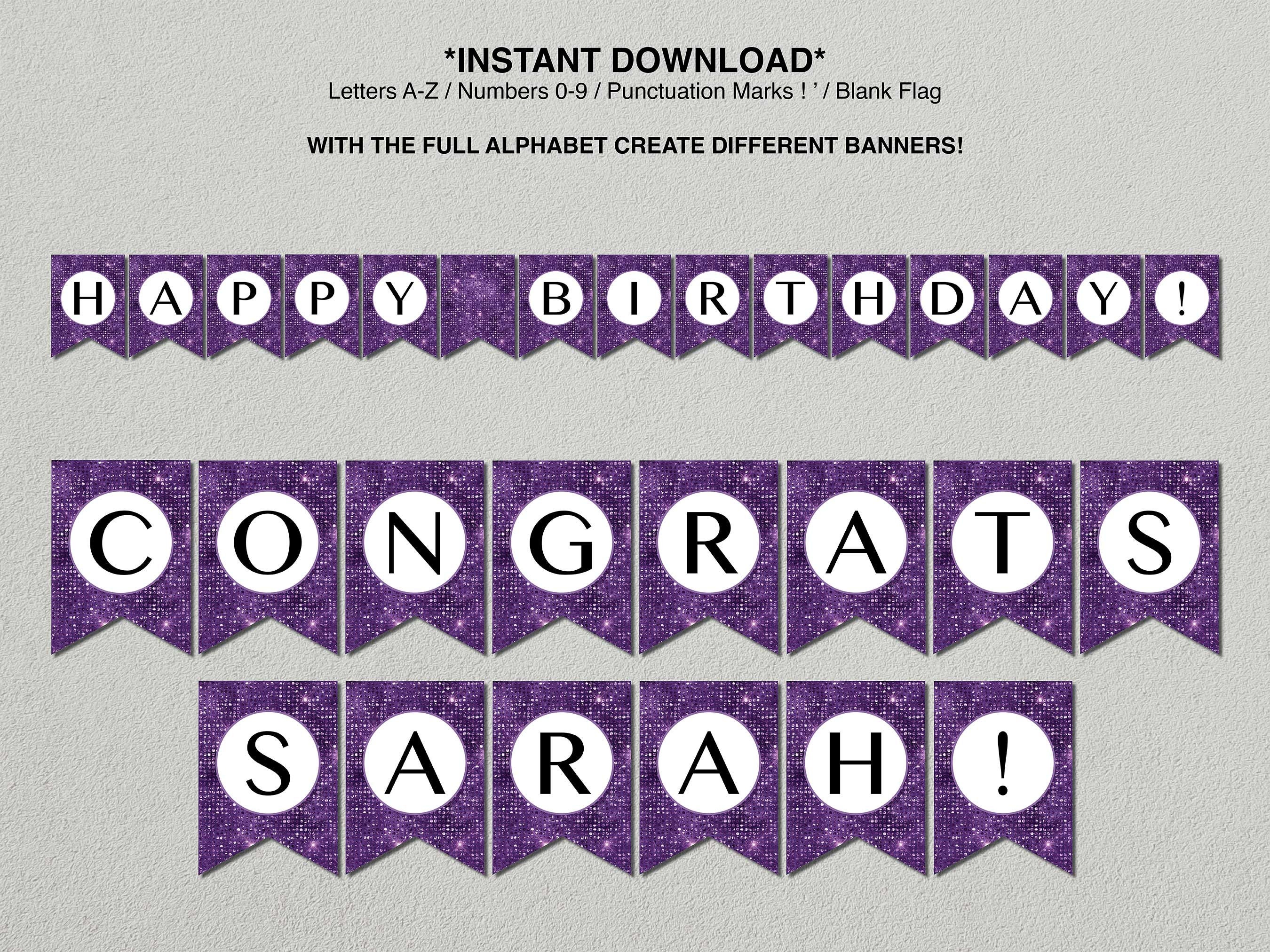 Purple Glitter Alphabet Banner, Printable DIY Banner, A-z&numbers ...