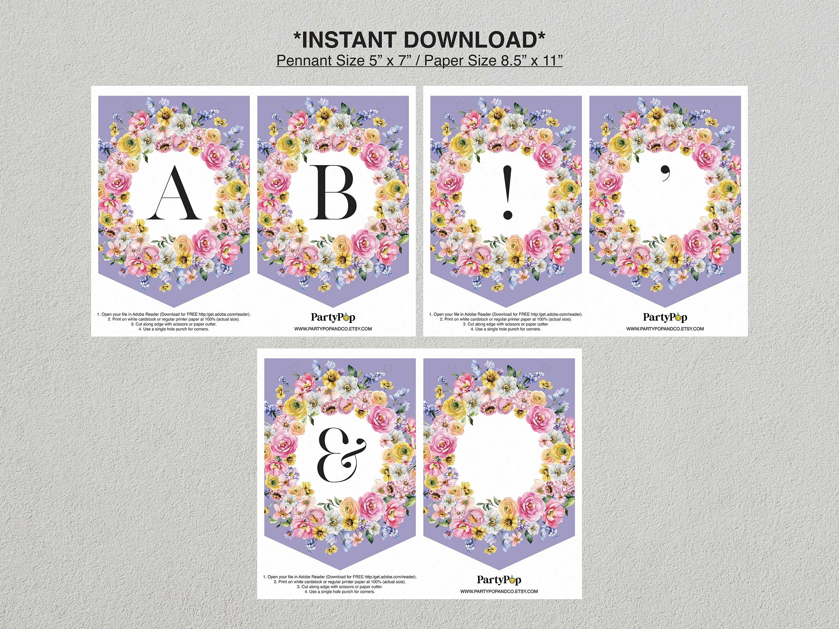 Purple Floral Banner Alphabet A-Z and Numbers, Bridal or Baby Shower ...