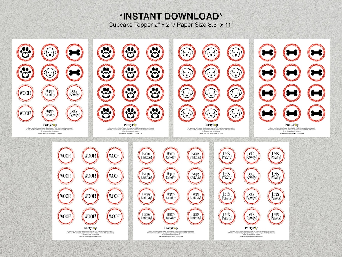 Printable Dog Party Cupcake Toppers, Dog Birthday Party Printable, Red ...