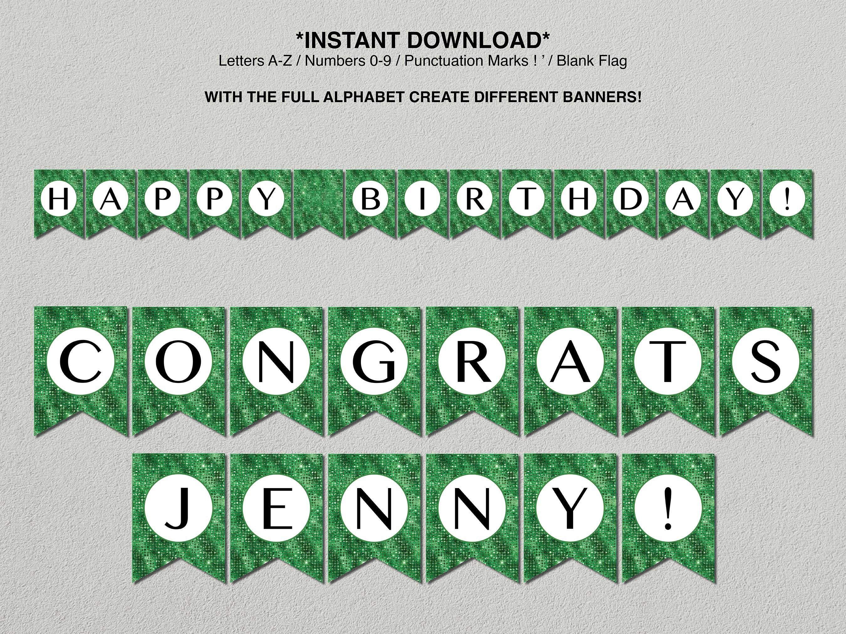 Emerald Green Glitter Printable Banner, Letters, Numbers (instant ...
