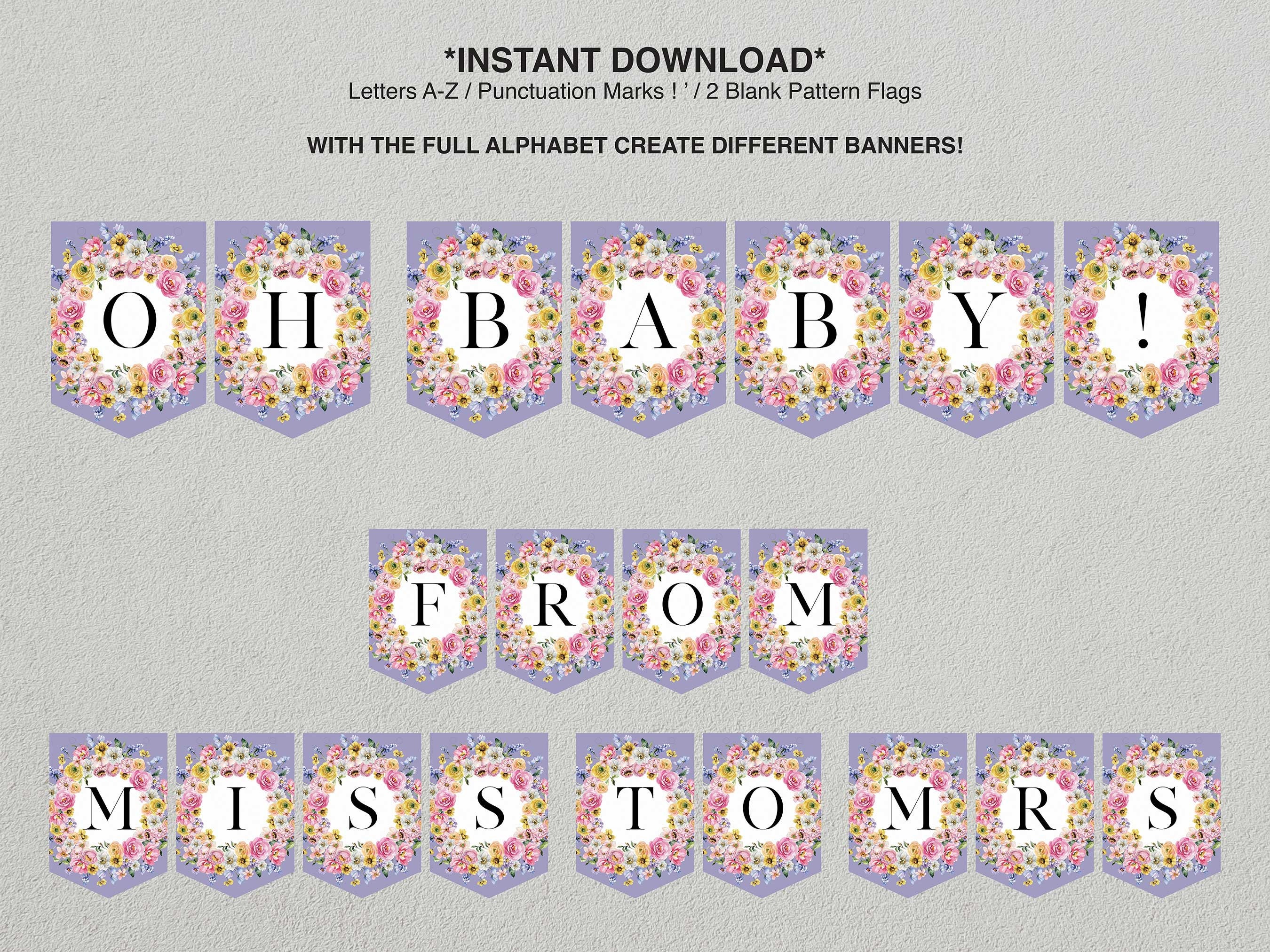 Purple Floral Banner Alphabet A-Z and Numbers, Bridal or Baby Shower ...