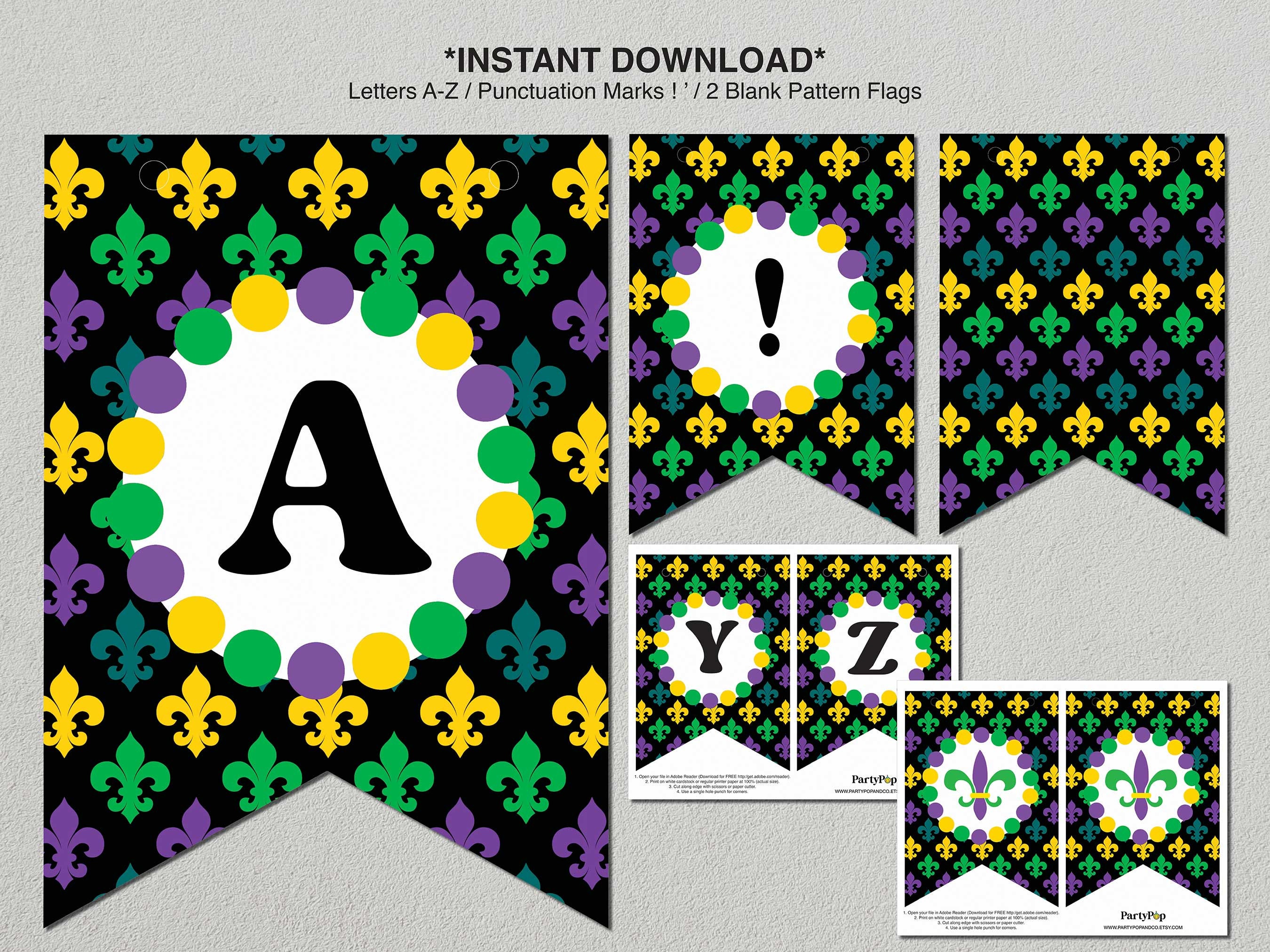 Mardi Gras Printable Banner, Mardi Gras Pennants, Fat Tuesday Party ...