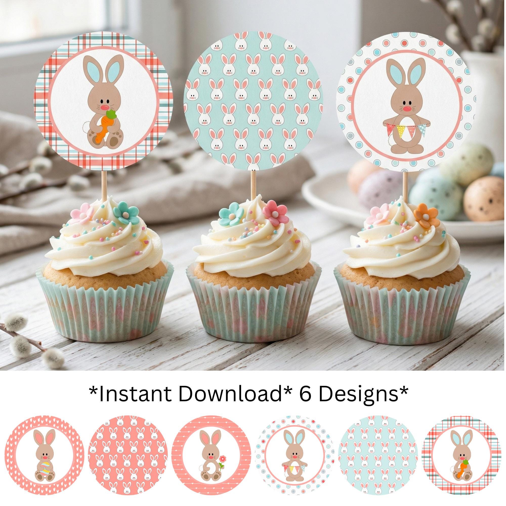 Easter Bunny Cupcake Toppers Printable, Pastel Rabbit Party Decor ...
