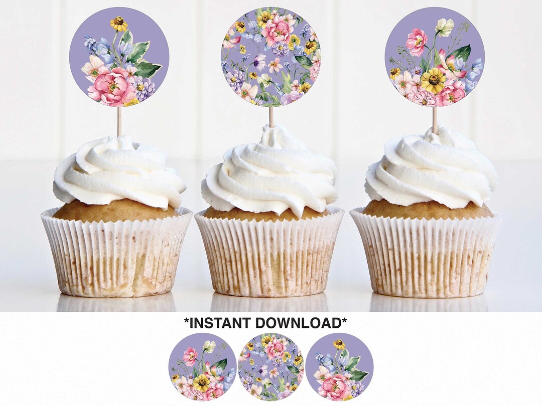 Purple Floral Cupcake Toppers, Watercolor Spring Flowers (instant ...
