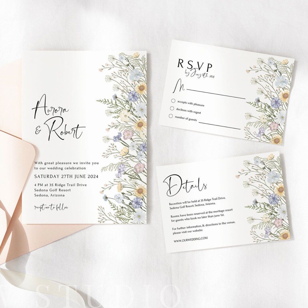 Wildflowers Wedding Template Canva - Editable Wedding Invitation - RSVP Template Download ...