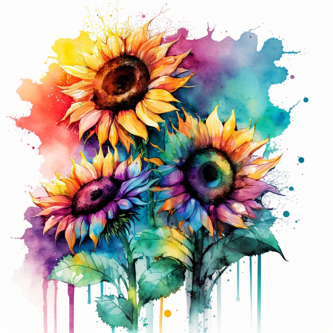 Rainbow Watercolor Sunflowers Design for Tumbler Sublimation - Etsy