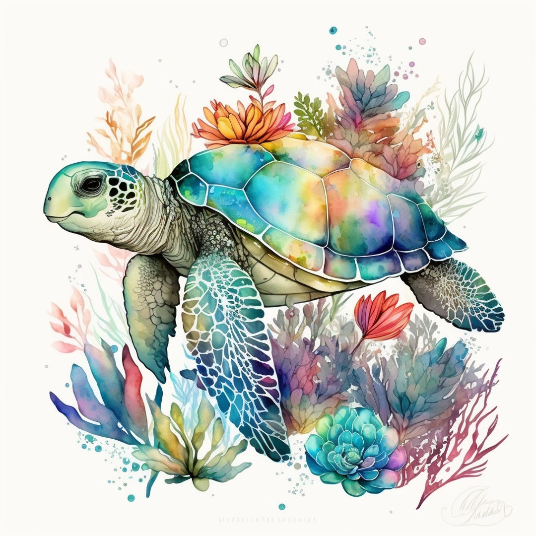Watercolor Sea Turtle Colorful Flowers Design for Tumbler - Etsy Canada