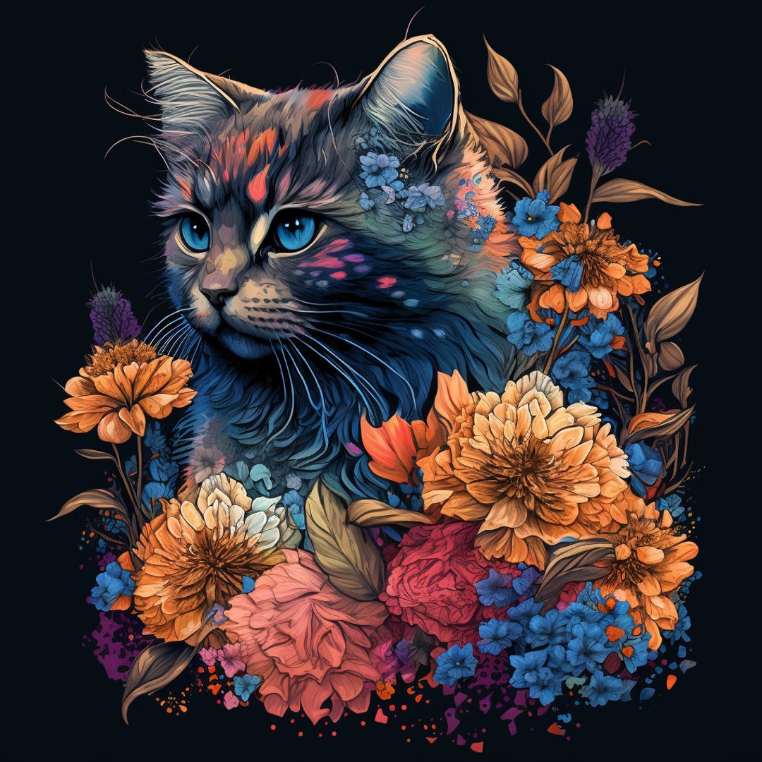 Flower Cat Design for Tumbler Sublimation, T-shirt Design, Wall Art ...