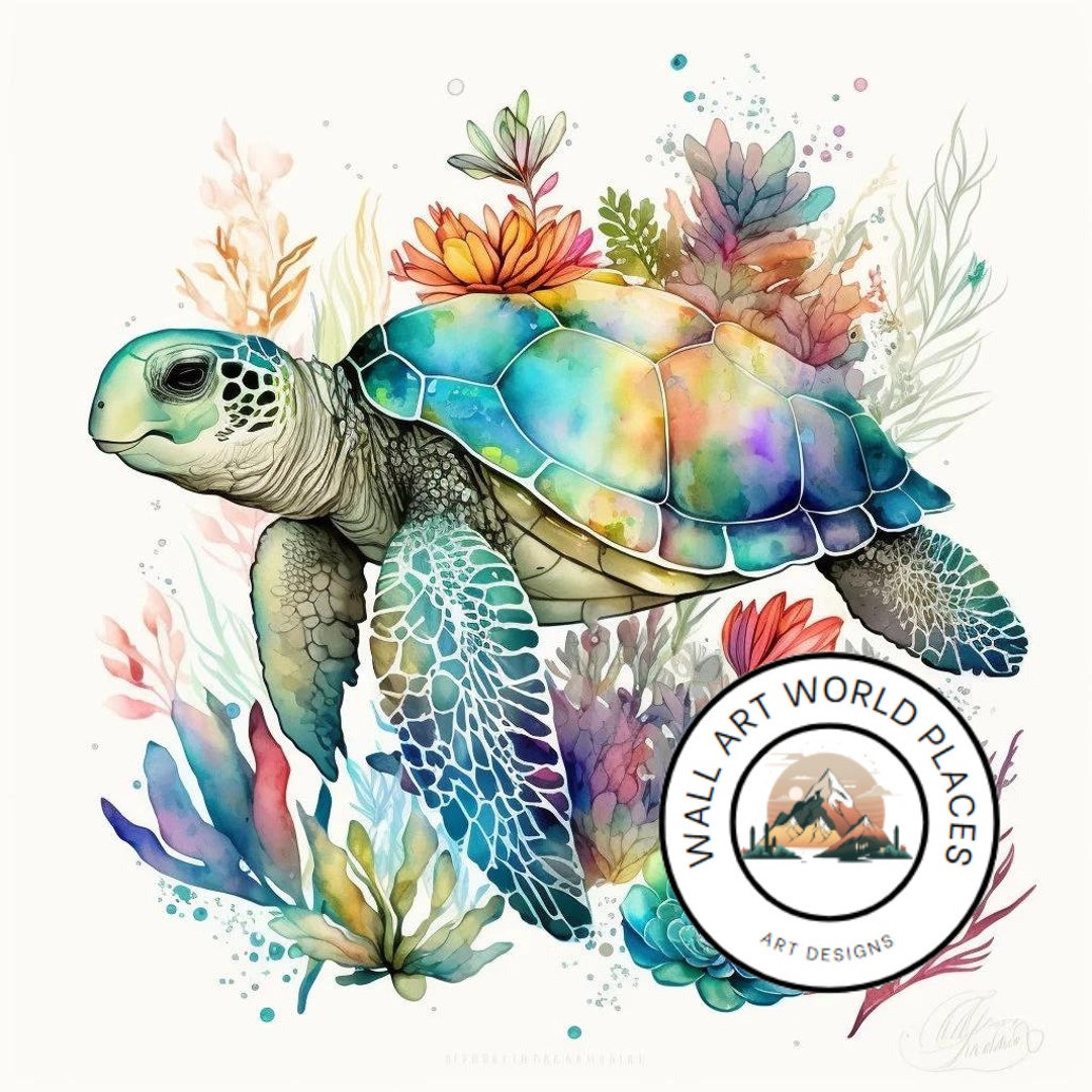 Watercolor Sea Turtle Colorful Flowers Design for Tumbler Sublimation ...