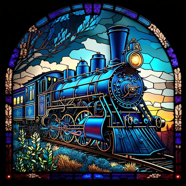 Train Blue Stained Glass Design for Tumbler Sublimation, T-shirt Design ...