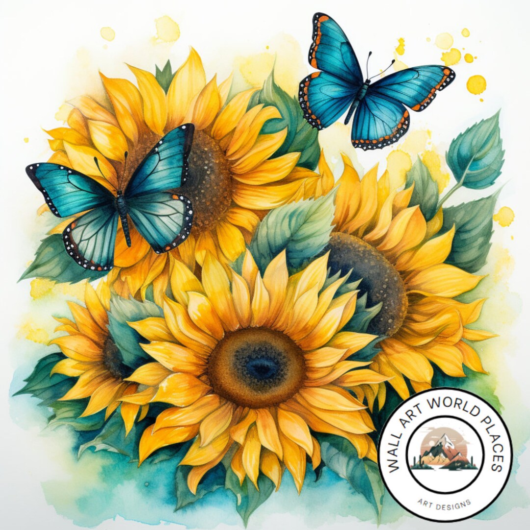 Watercolor Sunflower Butterfly Teal Design for Tumbler Sublimation, T ...