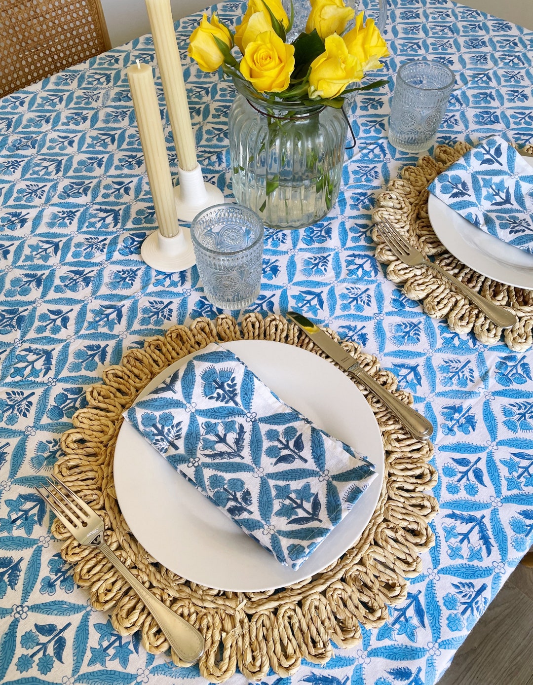 Blockprint Blue Floral Trellis Tablecloth 6-seater Table 150 X 200cm - Etsy