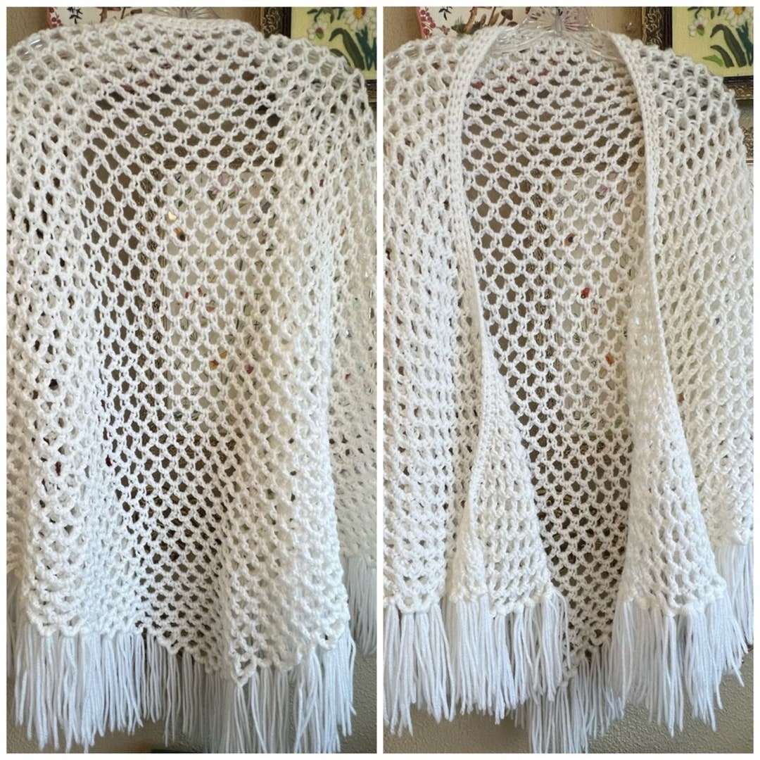 Vintage White Boho Cottagecore Shawl Wrap Loose Knit Fringe Bridal One ...