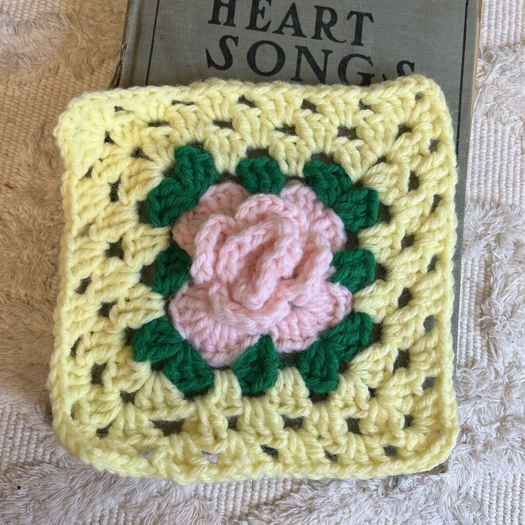 Hand Crocheted Granny Square Rosette Yellow Green Light Pink 1 Single ...