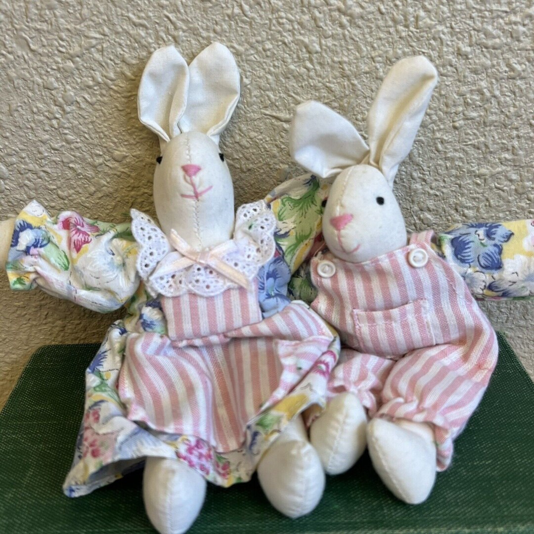 Vintage Set of 2 Boy Girl Bunny Rabbit Plush Stuffed Country ...
