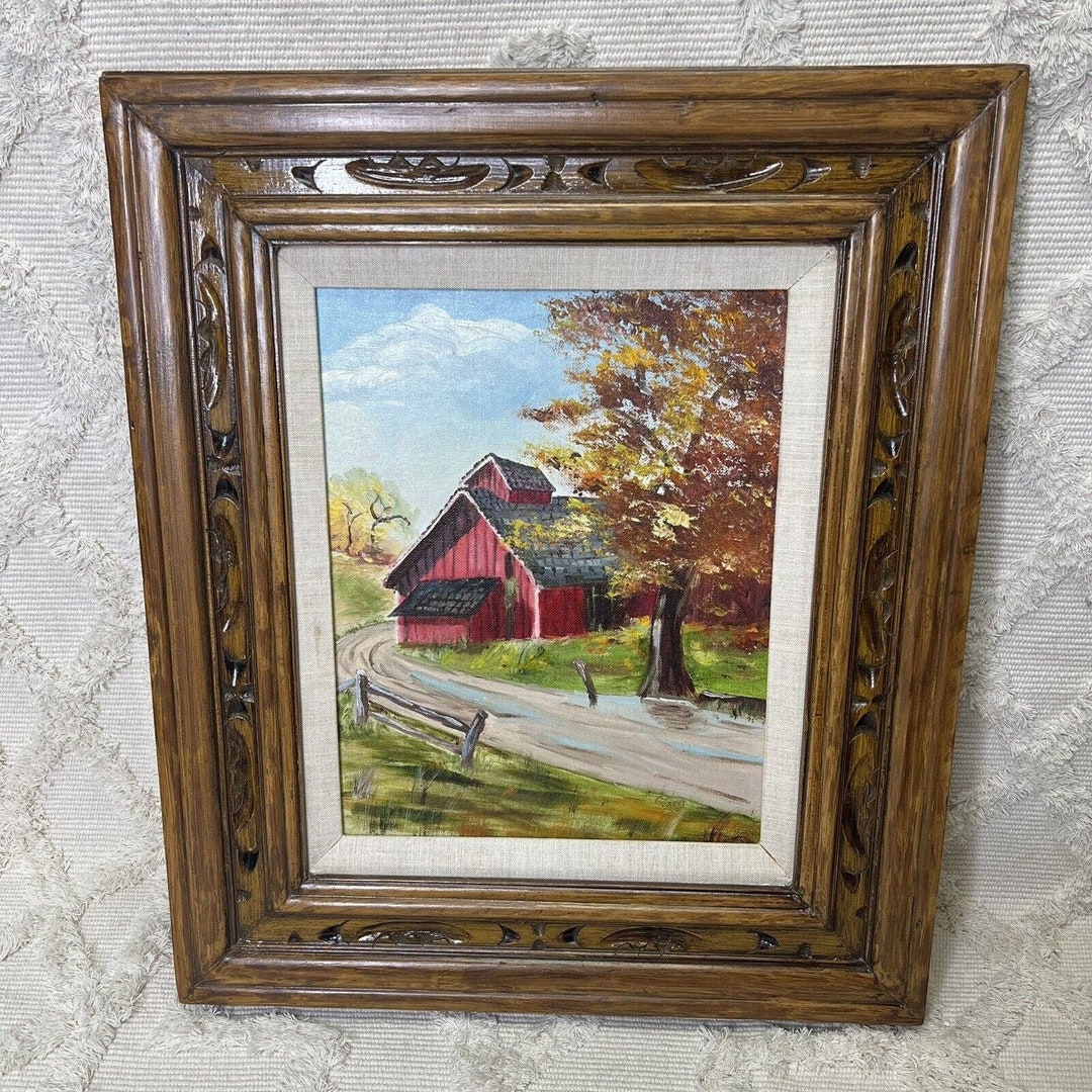 Vintage Red Barn Farm Fall Autumn Trees Scene Painting Wall Art in ...