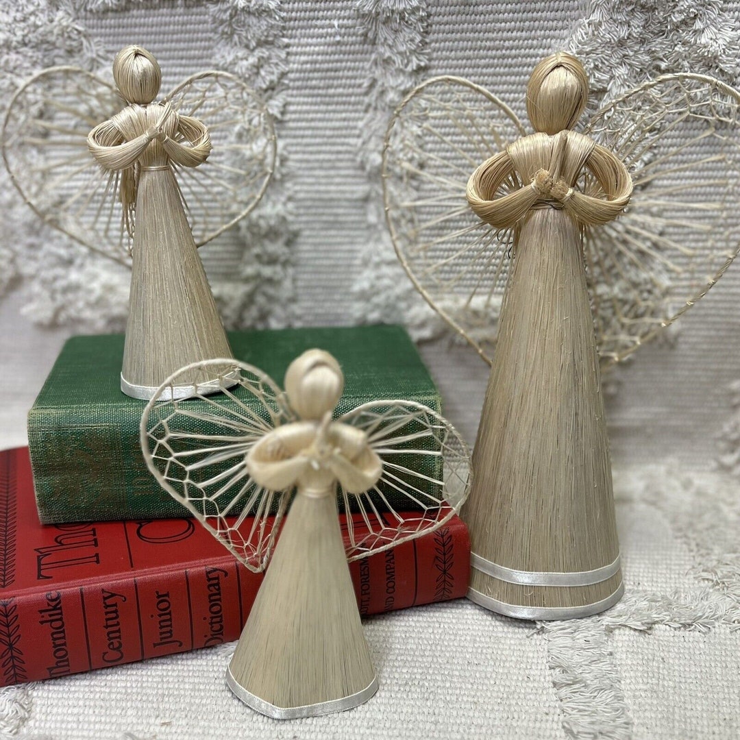 Vintage Golden Corn Husk Silk Angels Set of 3 Wicker Boho Cottagecore ...