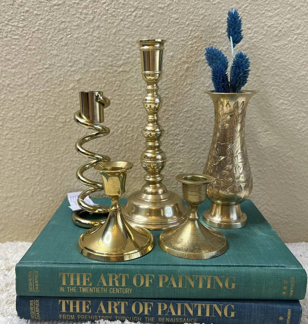 Vintage Brass Candlesticks & Vase Set of 5 Patina MCM Gold - Etsy