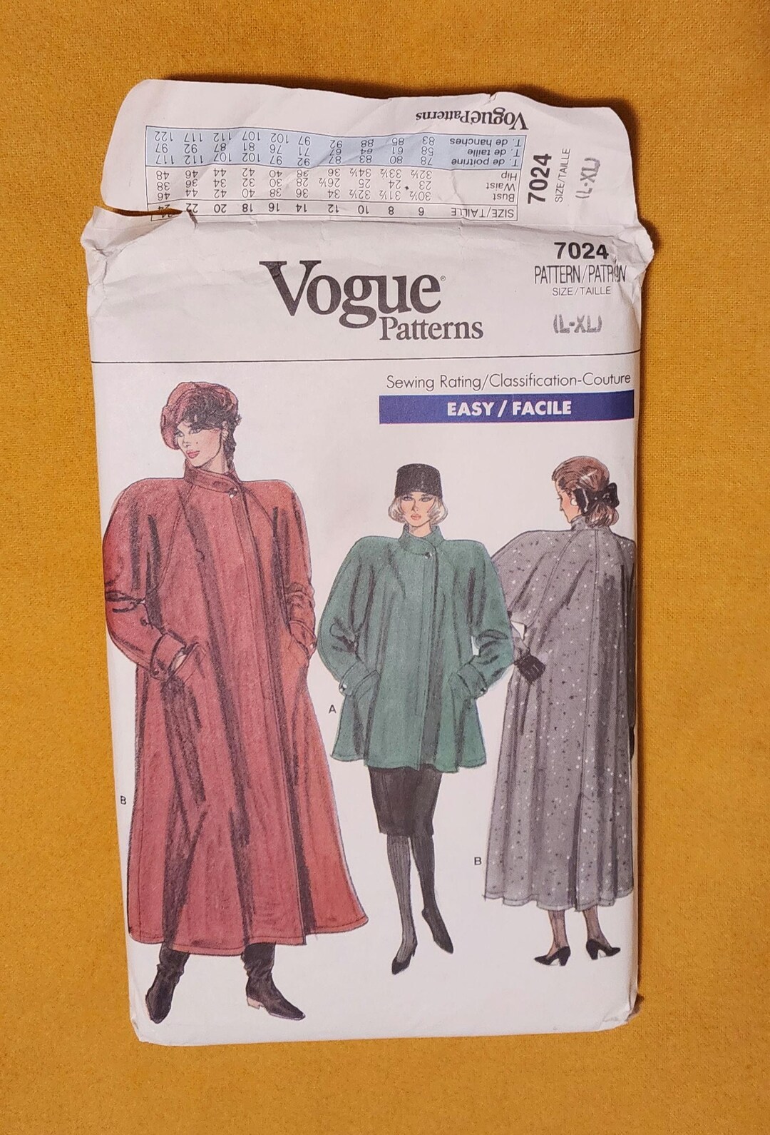 UNCUT 1987 Vogue 7024 Easy Pattern Couture Swing Coat Misses L XL Half ...
