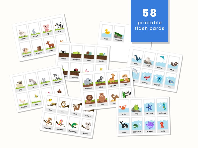 58 Printable ANIMAL Flash Cards for Kids - Educational Toy for Toddlers ...