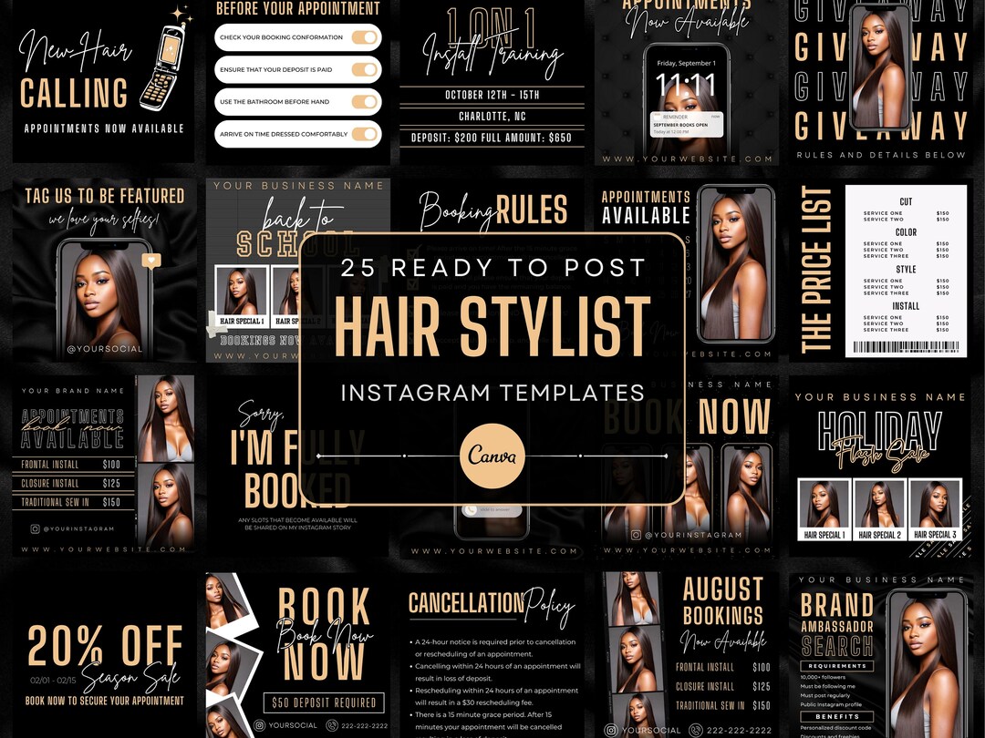 25 Black and Gold Hair Stylist Instagram Post Templates | Hair Posts ...