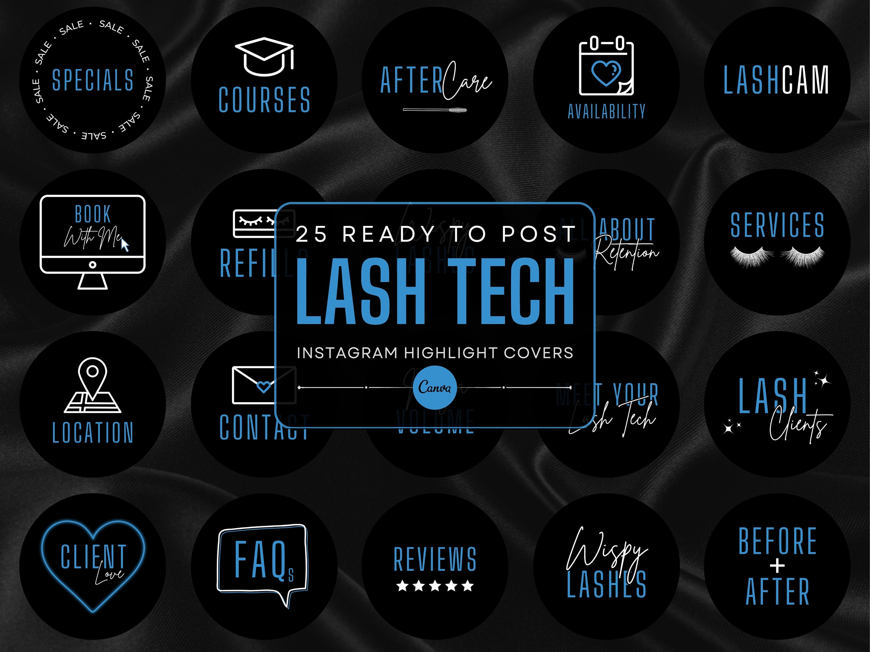 25 Lash Tech Instagram Highlight Cover Templates | Black and Sky Blue ...