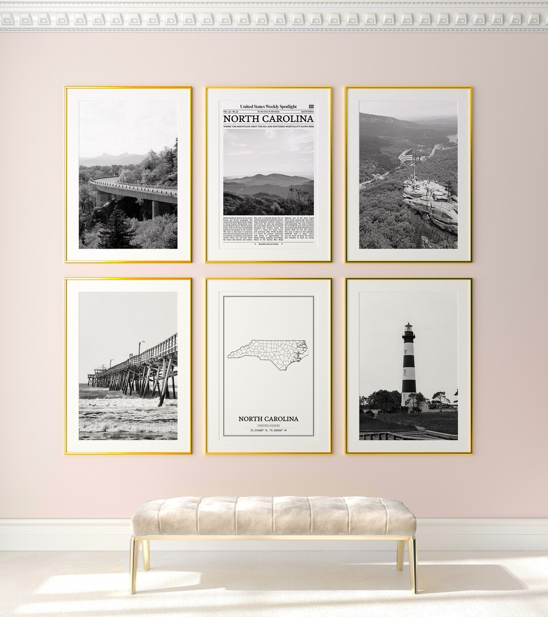 North Carolina State Prints Set of 6, North Carolina Black and White ...