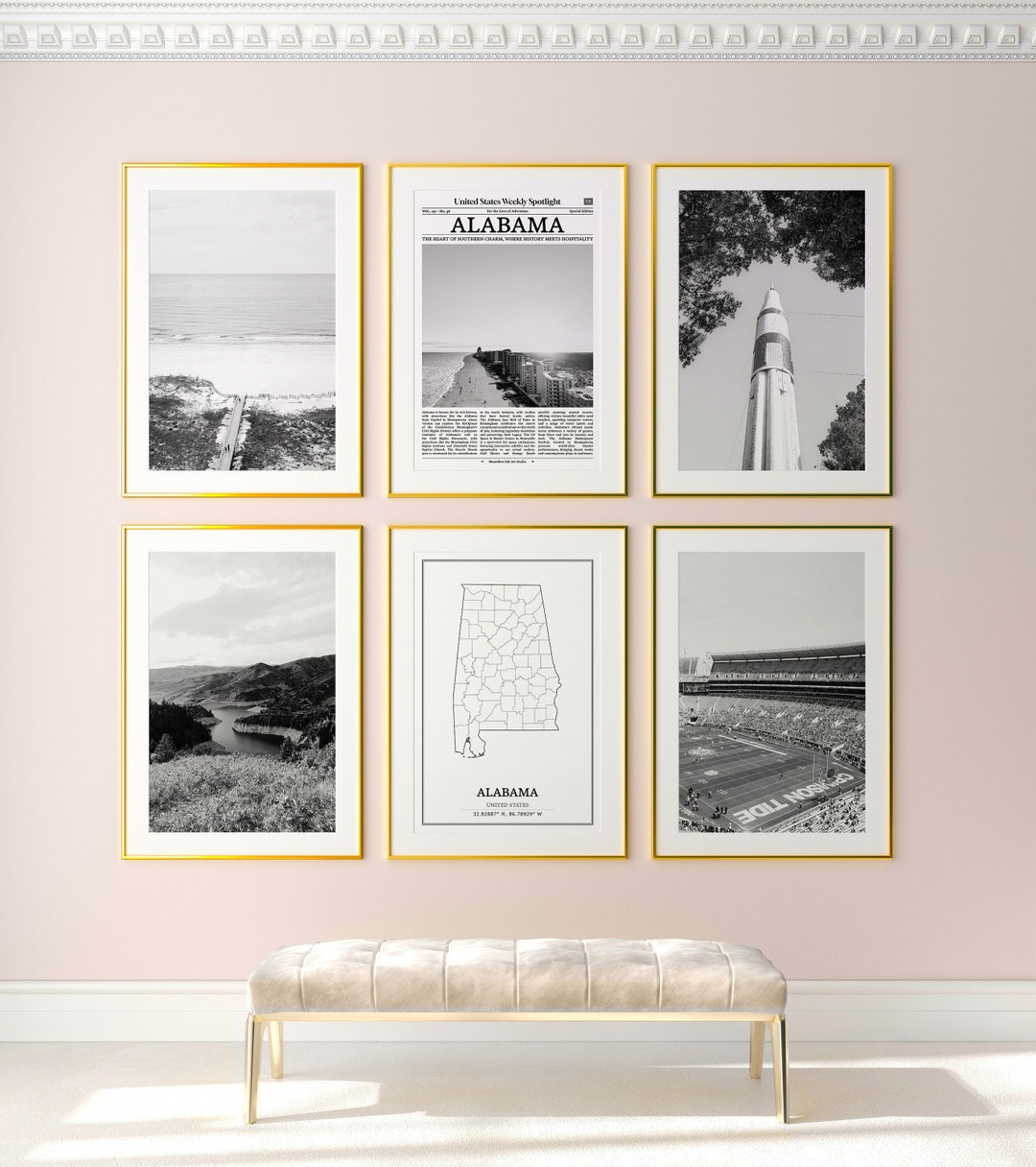 Alabama State Prints Set of 6, Alabama Black and White Prints, Alabama ...