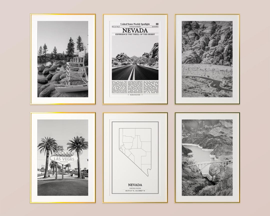 Nevada State Prints Set of 6, Nevada Black and White Prints, Nevada ...