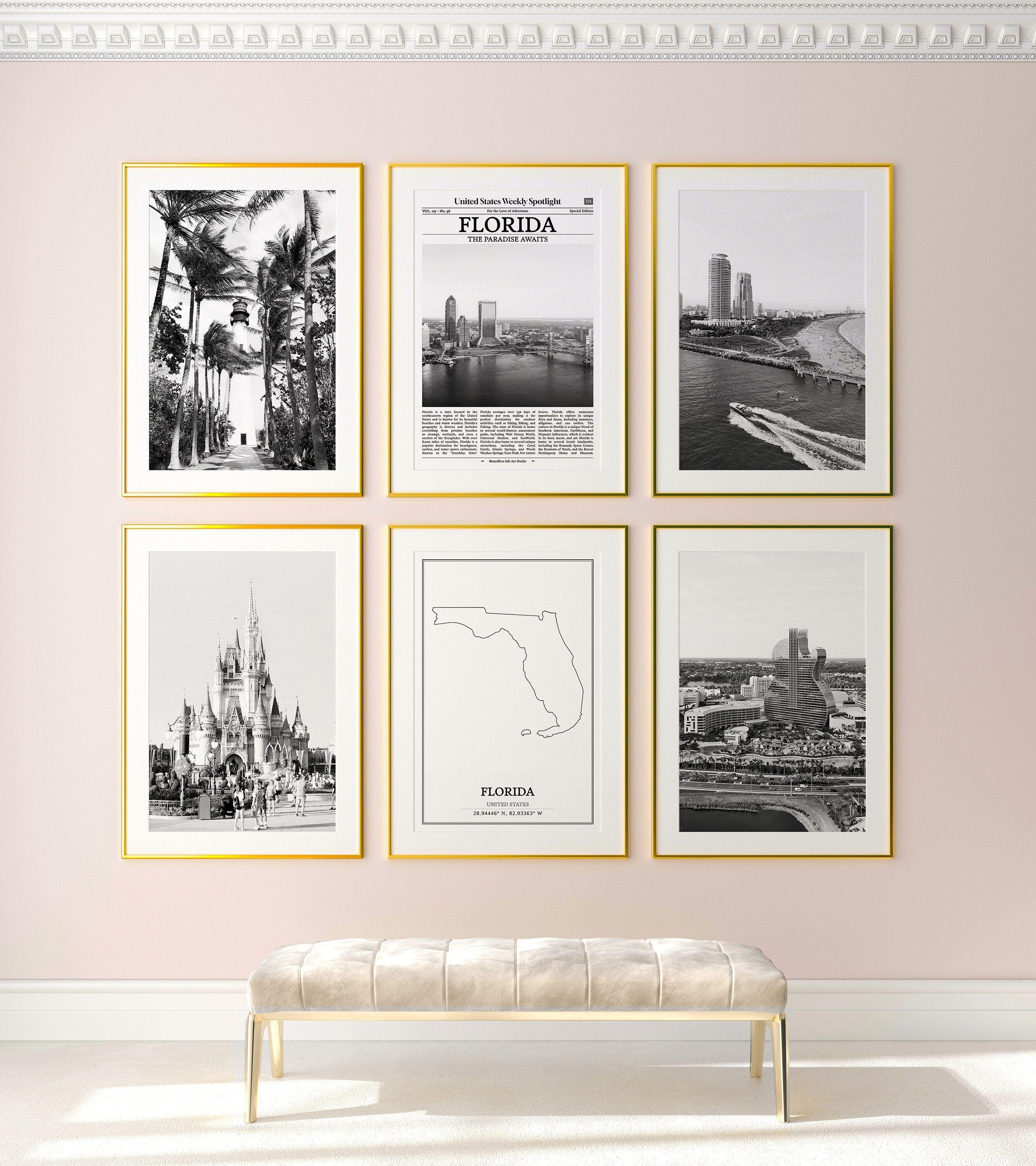 Florida State Prints Set of 6, Florida Black and White Prints, Florida ...