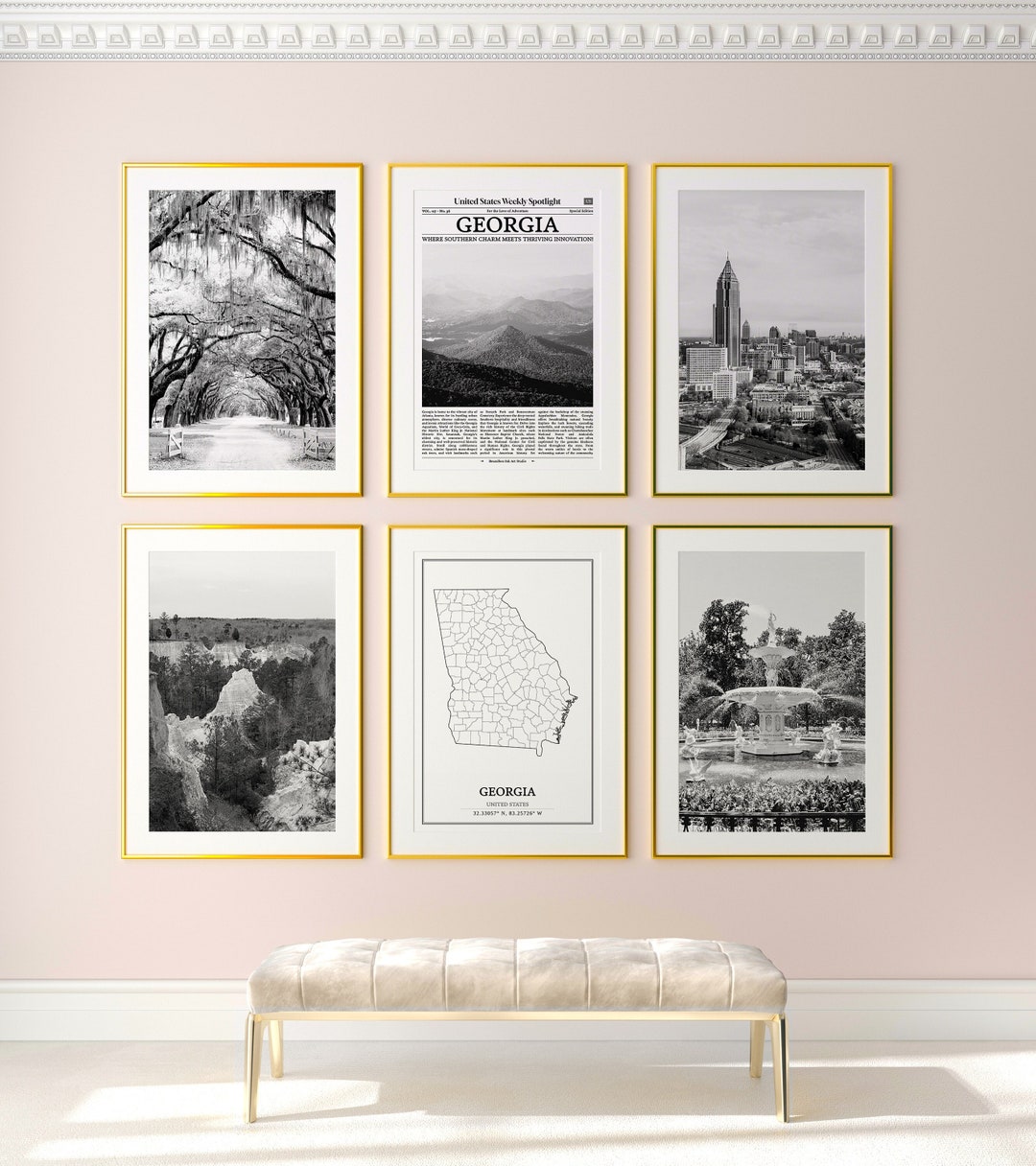 Georgia State Prints Set of 6, Georgia Black and White Prints, Georgia ...