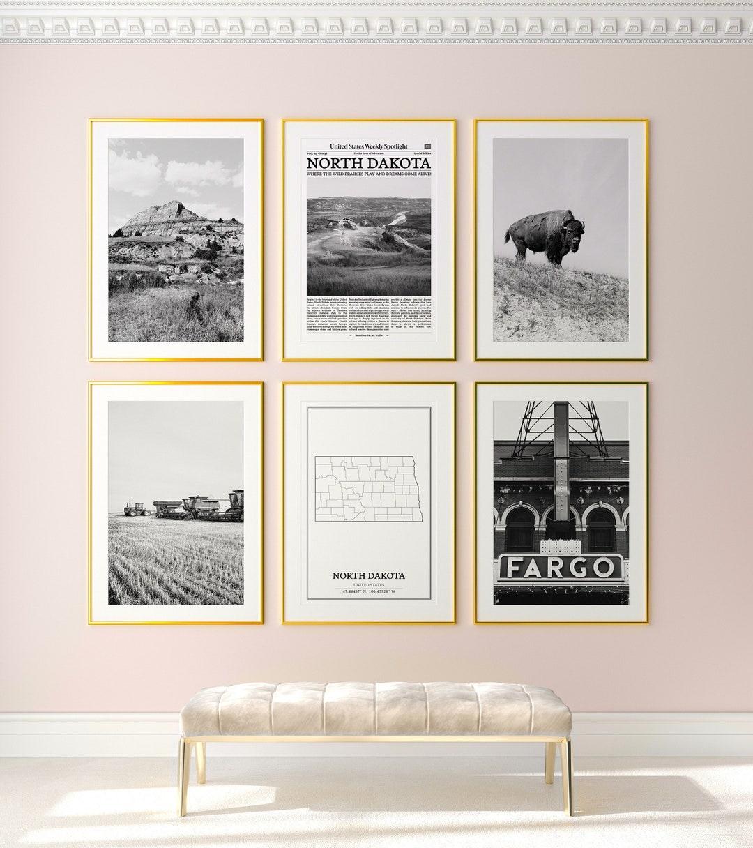 North Dakota State Prints Set of 6, North Dakota Black and White Prints ...