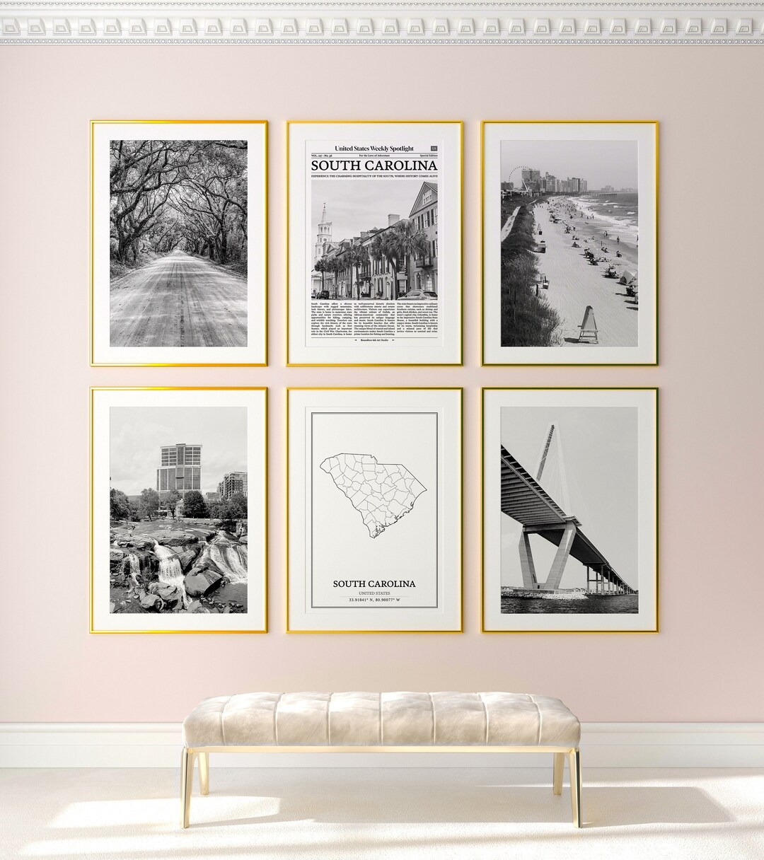 South Carolina State Prints Set of 6, South Carolina Black and White ...
