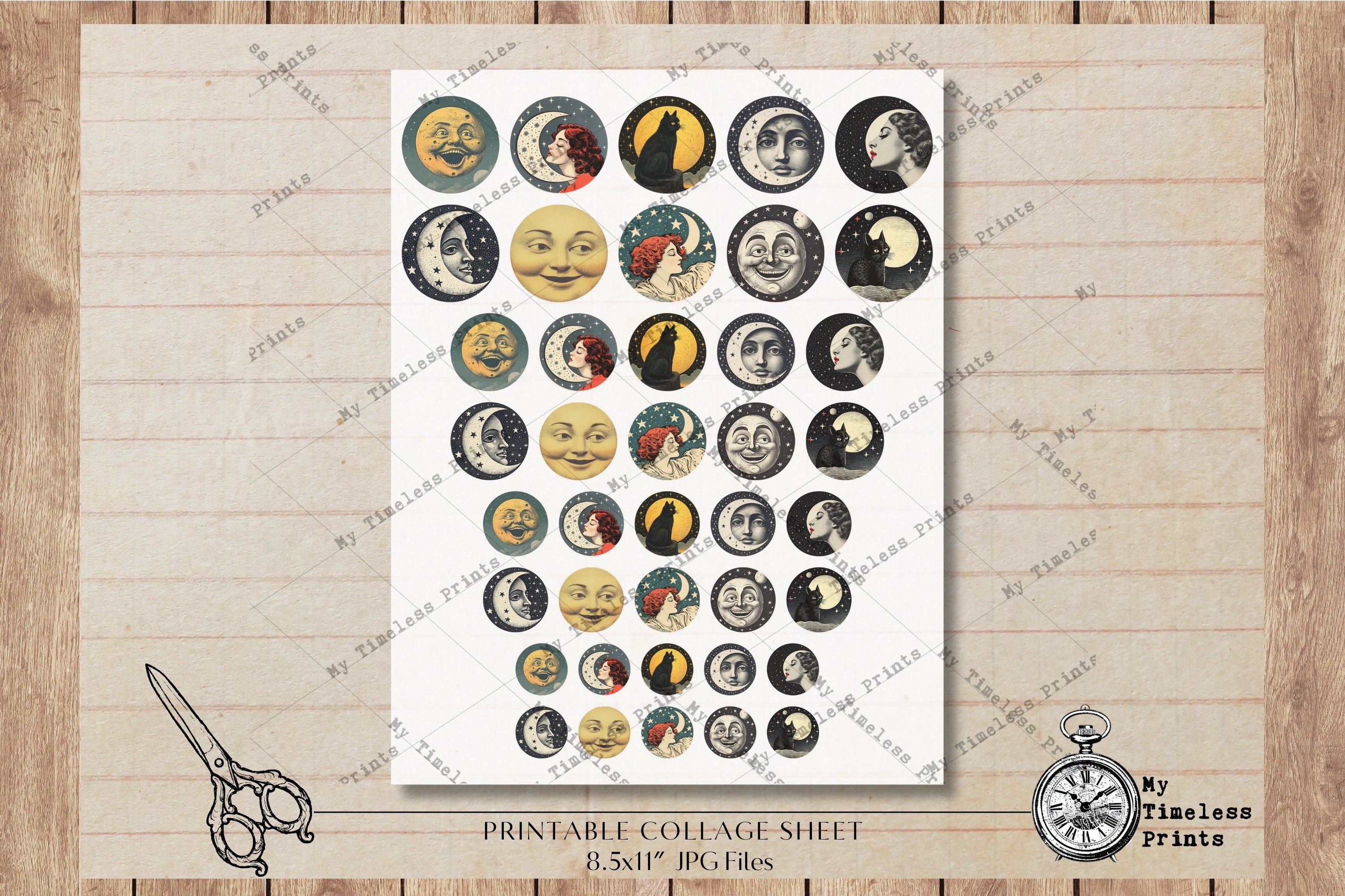 Vintage Moon Digital Collage Sheet Circle Bottle Cap Moon, Digital ...