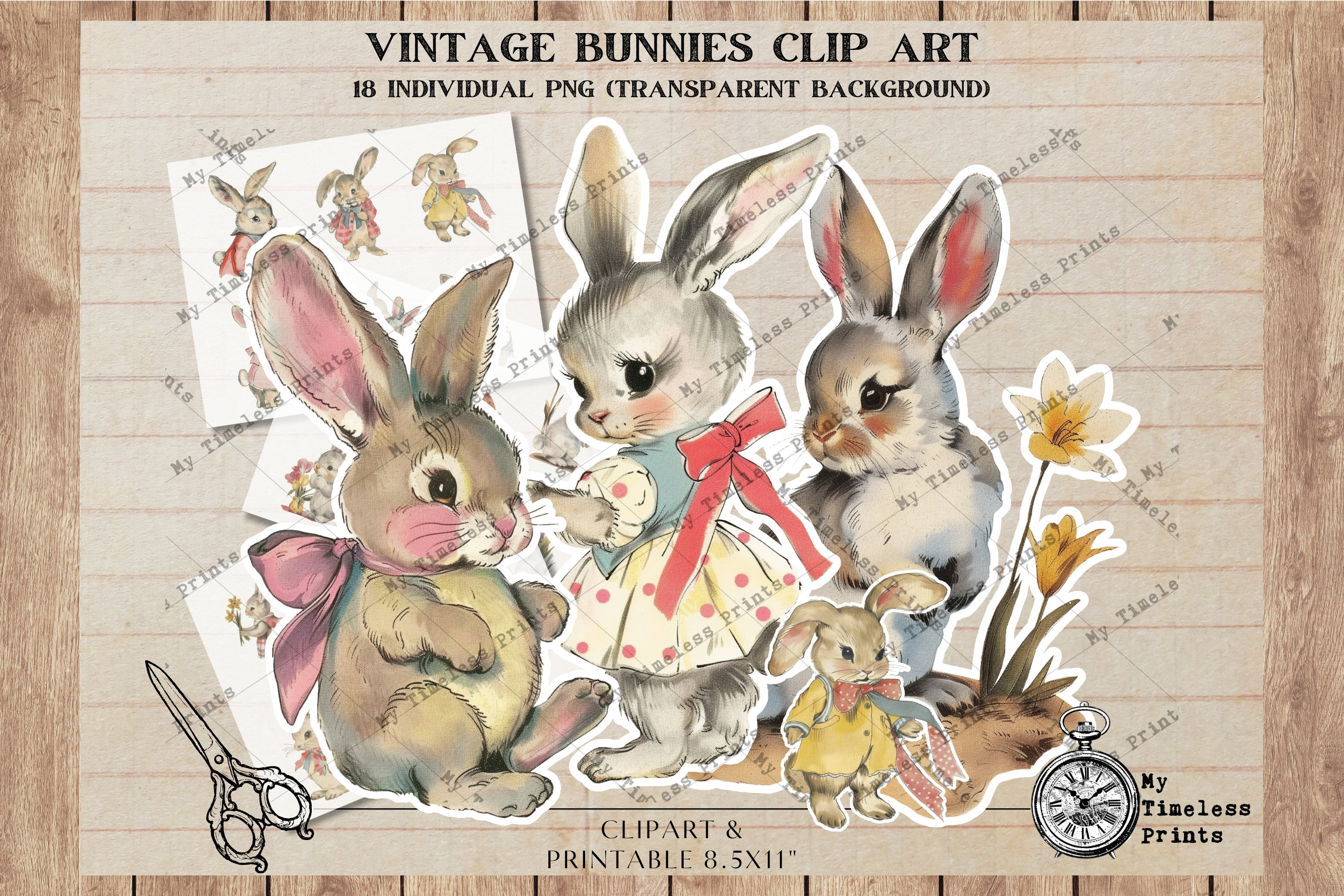 Vintage Bunnies Retro Easter Bunny Clipart, Collage Sheet Scrapbooking ...