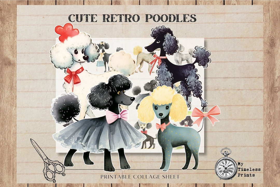 Cute Retro Poodles Digital Collage Sheet, Poodle Dogs Card Making, Decoupage, Scrapbooking ...