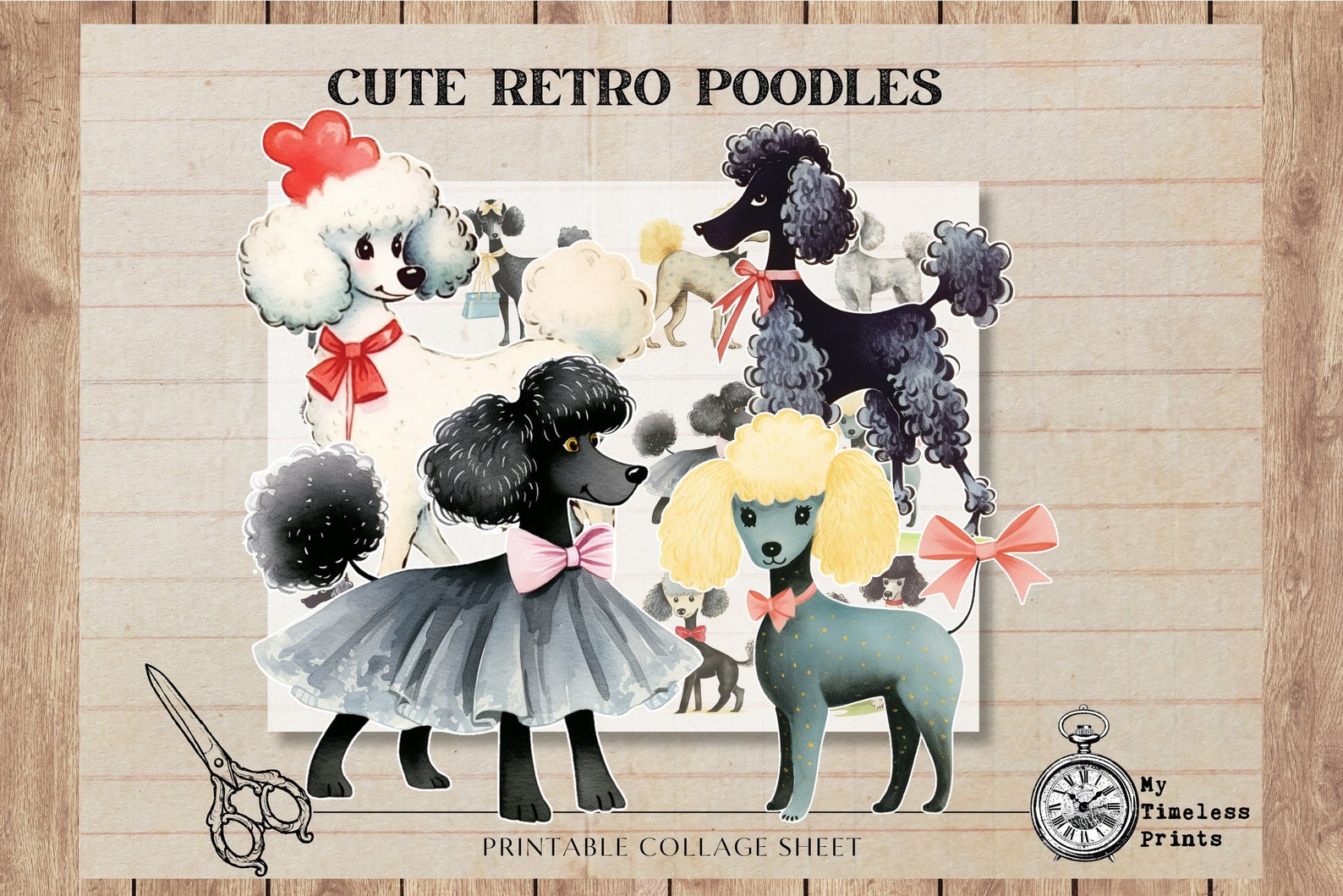 Cute Retro Poodles Digital Collage Sheet, Poodle Dogs Card Making ...