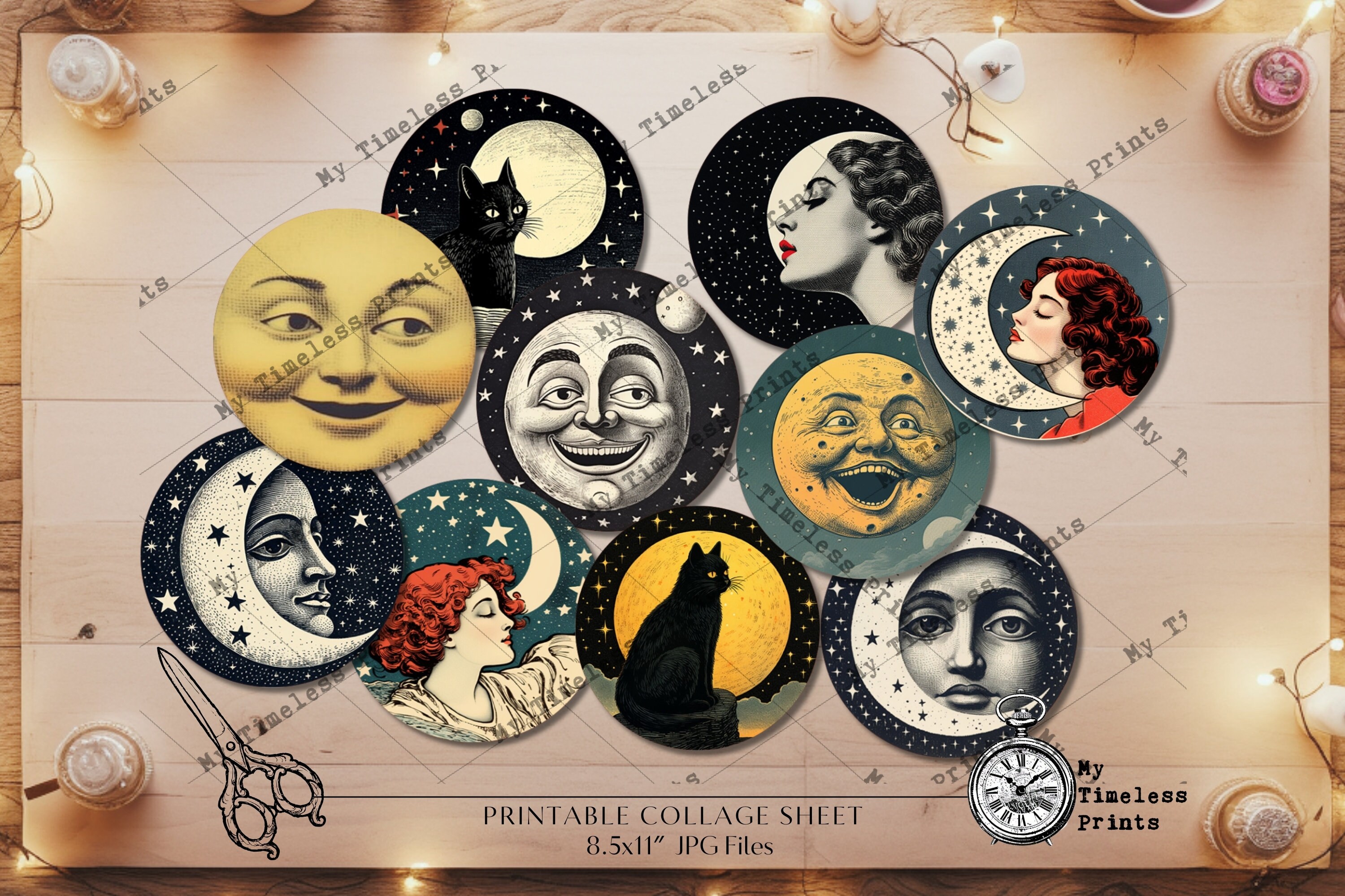 Vintage Moon Digital Collage Sheet Circle Bottle Cap Moon, Digital ...
