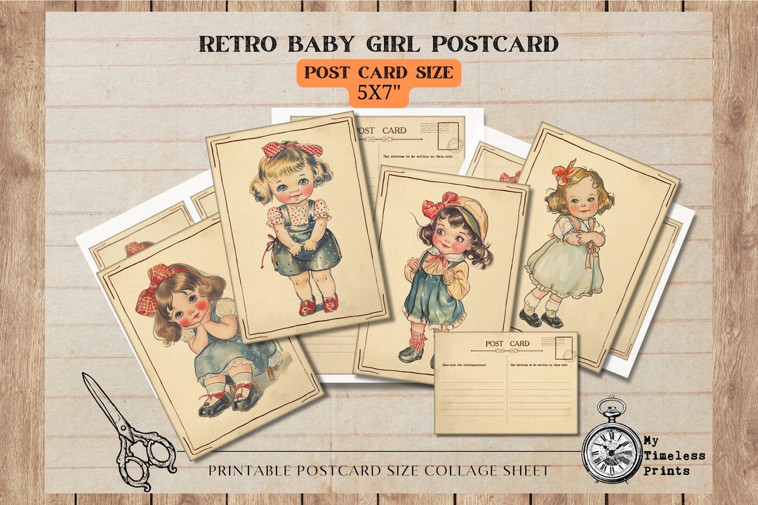 Retro Baby Girl Postcard, Vintage 50's, Postcard Size Digital Collage ...