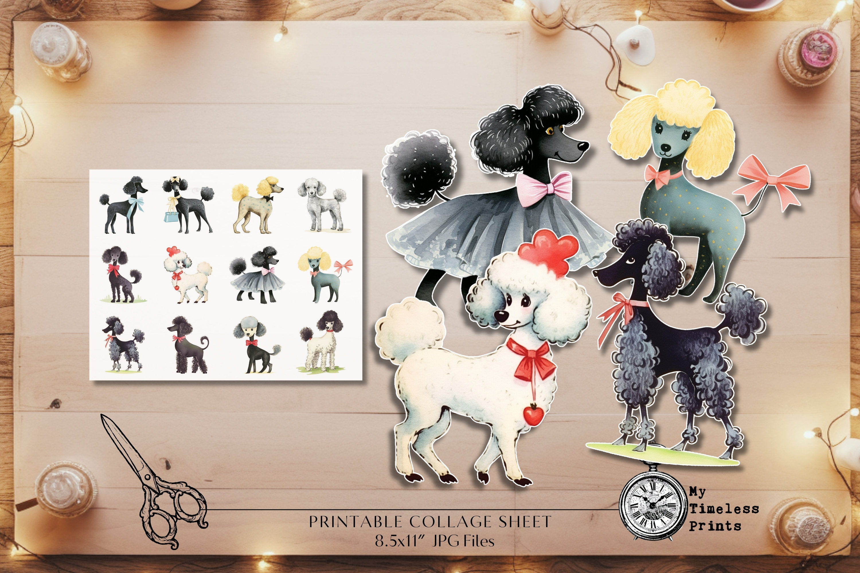 Cute Retro Poodles Digital Collage Sheet, Poodle Dogs Card Making, Decoupage, Scrapbooking ...
