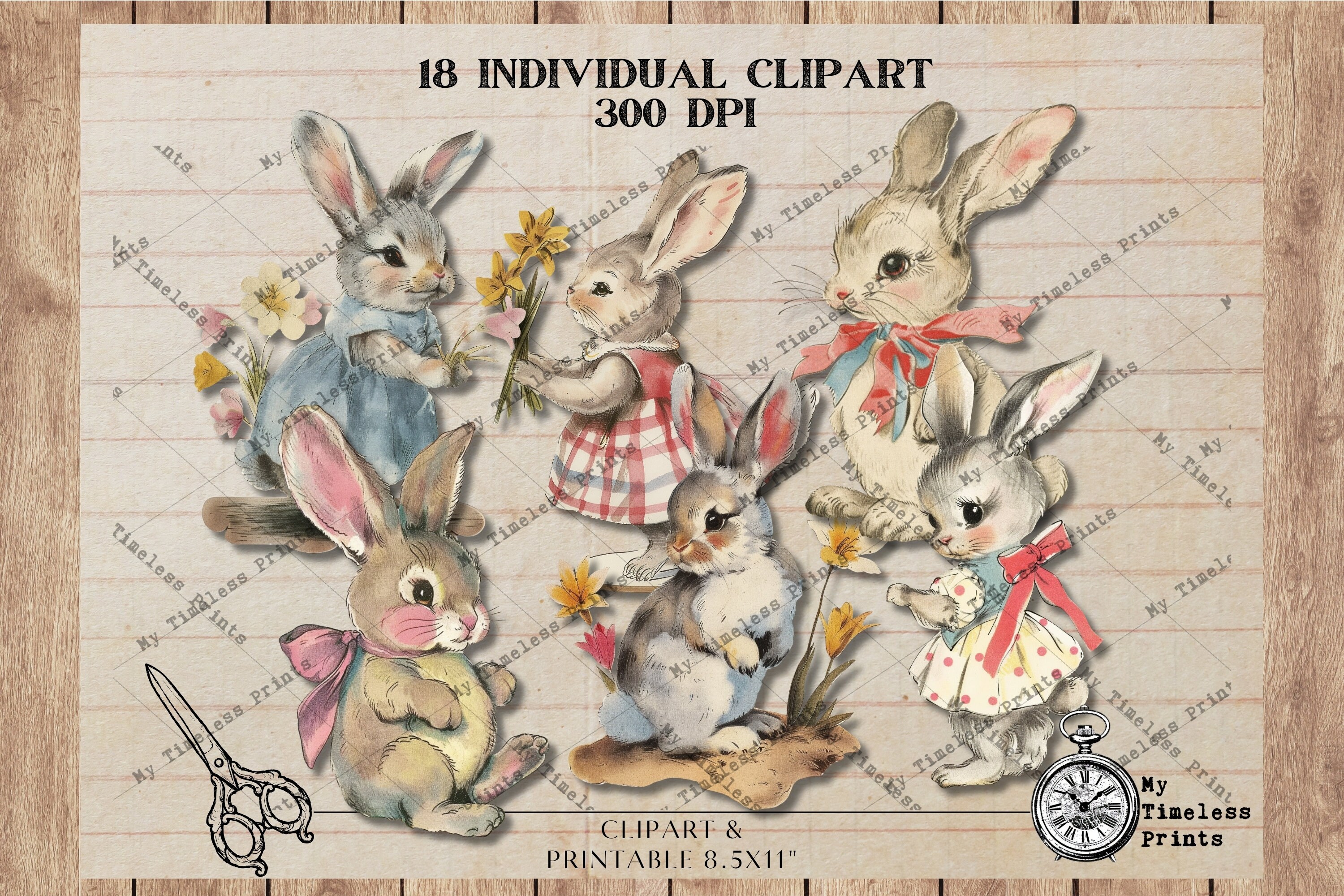 Vintage Bunnies Retro Easter Bunny Clipart, Collage Sheet Scrapbooking ...