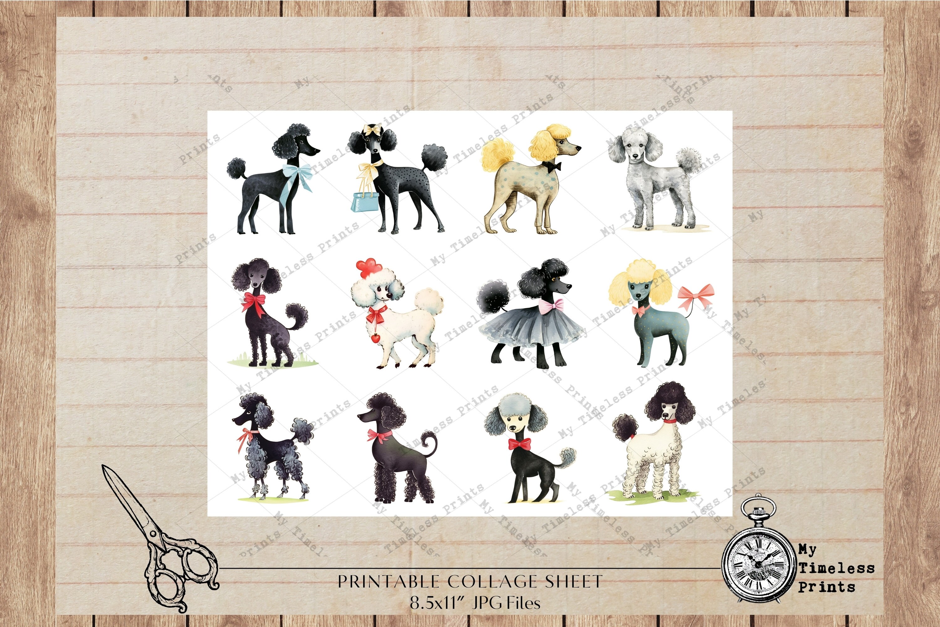 Cute Retro Poodles Digital Collage Sheet, Poodle Dogs Card Making, Decoupage, Scrapbooking ...