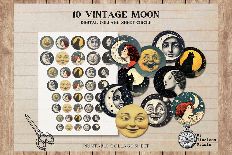 Vintage Moon Digital Collage Sheet Circle Bottle Cap Moon, Digital ...