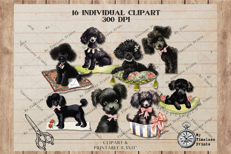 Vintage Poodles Clip Art Collage Sheet, Poodle Dogs Card Making ...